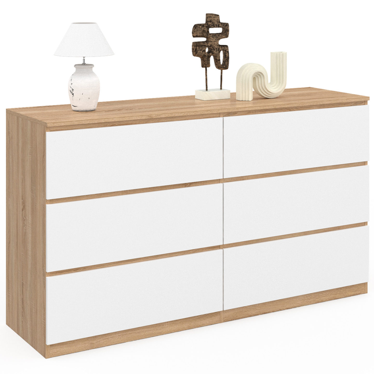 Grande commode 6 tiroirs 140cm façon hêtre et blanc - TOMI | ID Market