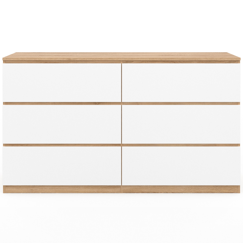 Grande commode 6 tiroirs 140cm façon hêtre et blanc - TOMI | ID Market