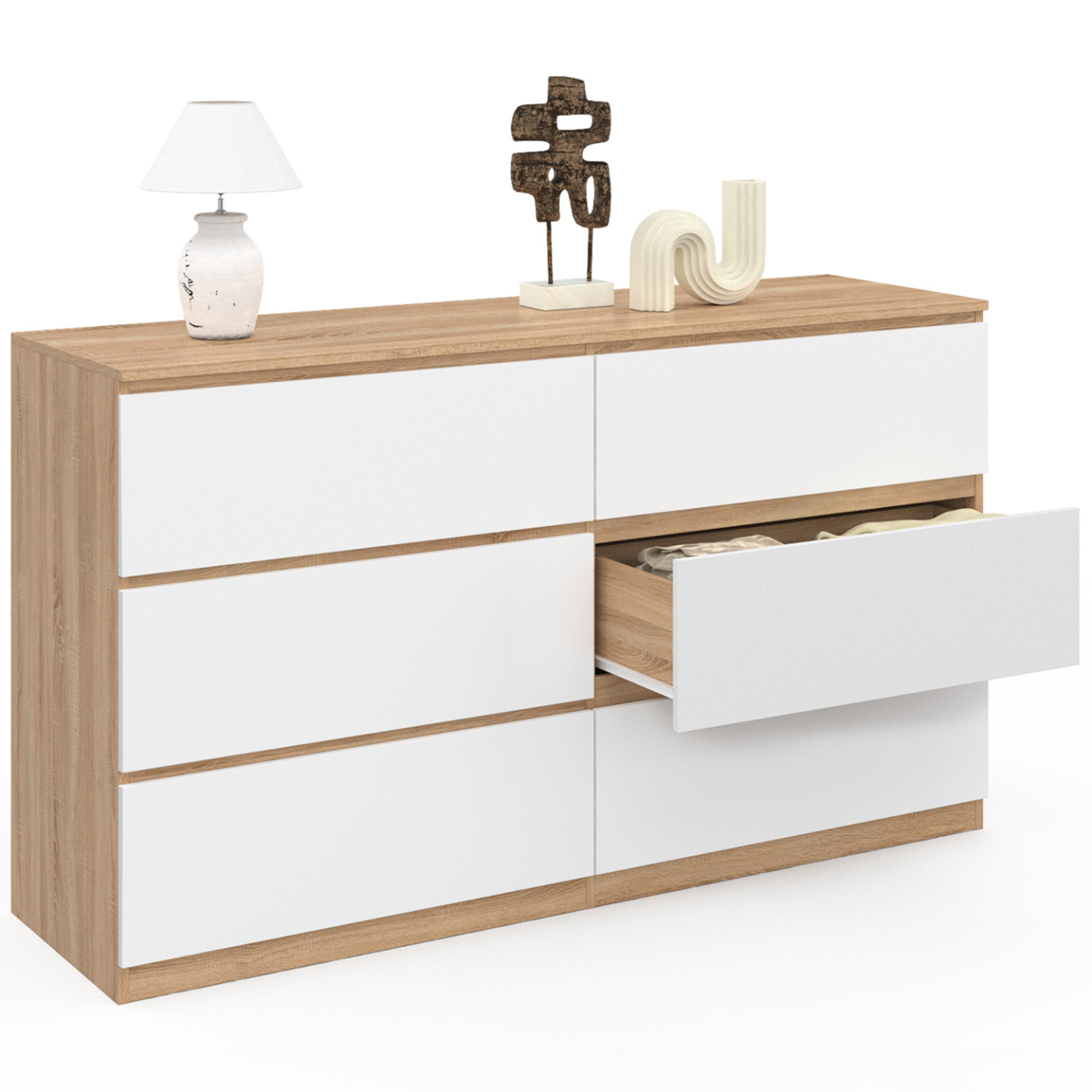 Grande commode 6 tiroirs 140cm façon hêtre et blanc - TOMI | ID Market