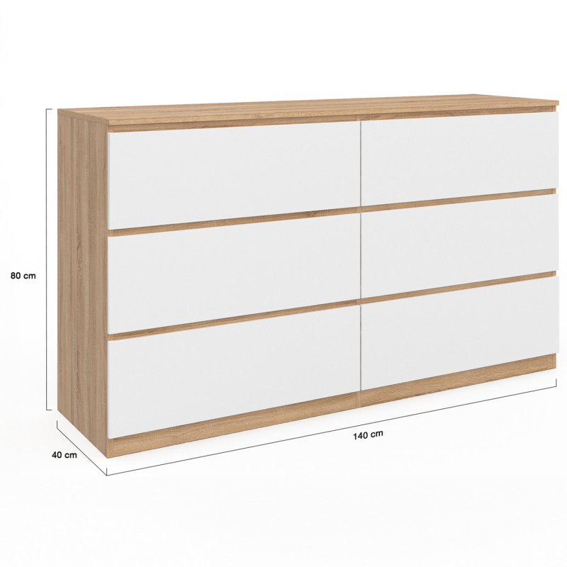 Grande commode 6 tiroirs 140cm façon hêtre et blanc - TOMI | ID Market