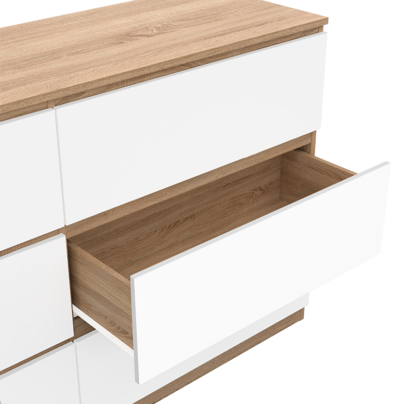 Grande commode 6 tiroirs 140cm façon hêtre et blanc - TOMI | ID Market