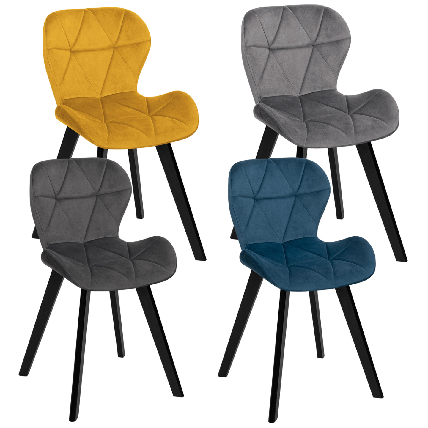 Set van 4 fluwelen mixstoelen in blauw, grijs en geel - ROBINE | ID Market