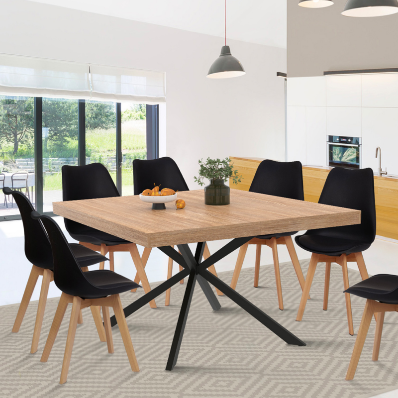 Table à manger carrée 8 personnes bois et noir avec pied araignée ...