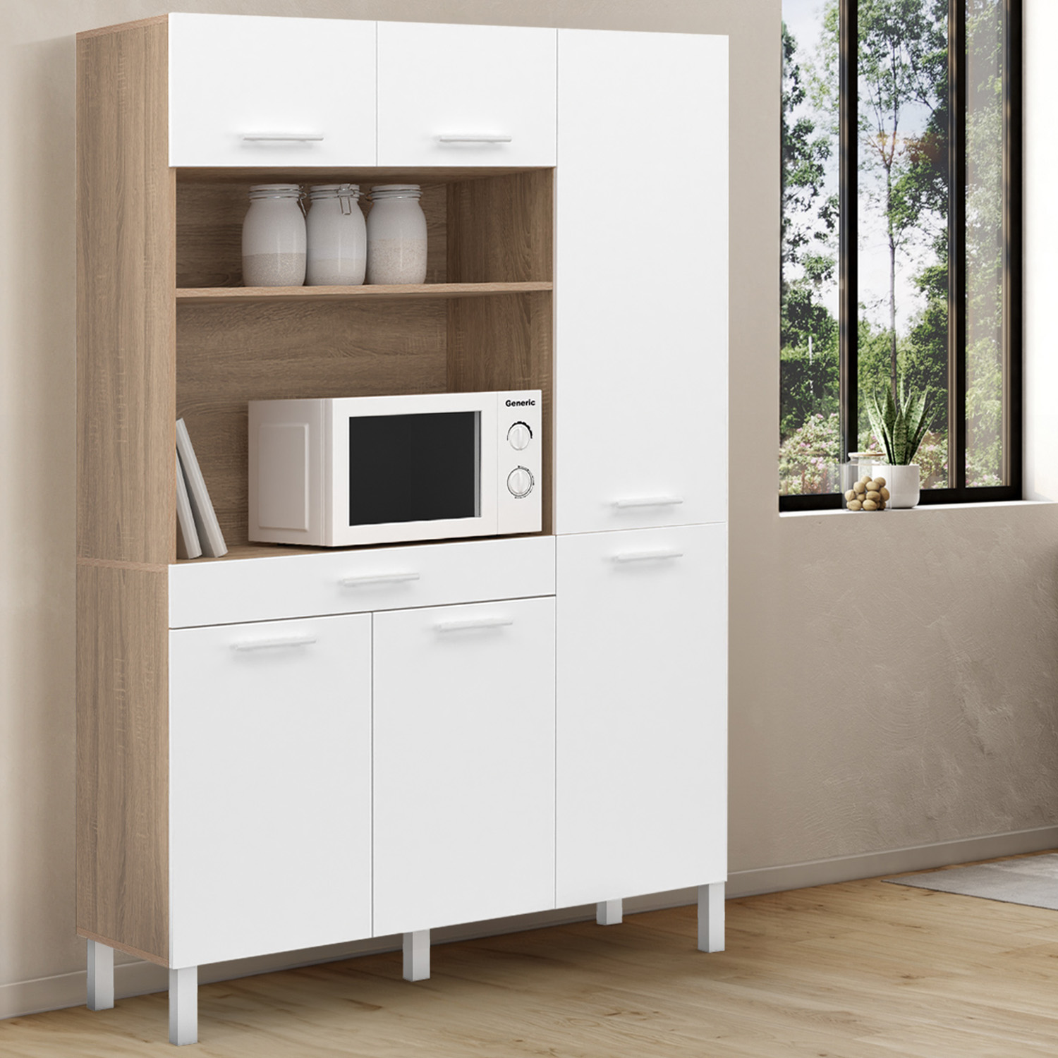 Buffet de cuisine 6 portes + tiroir blanc et façon hêtre maxi rangement ...
