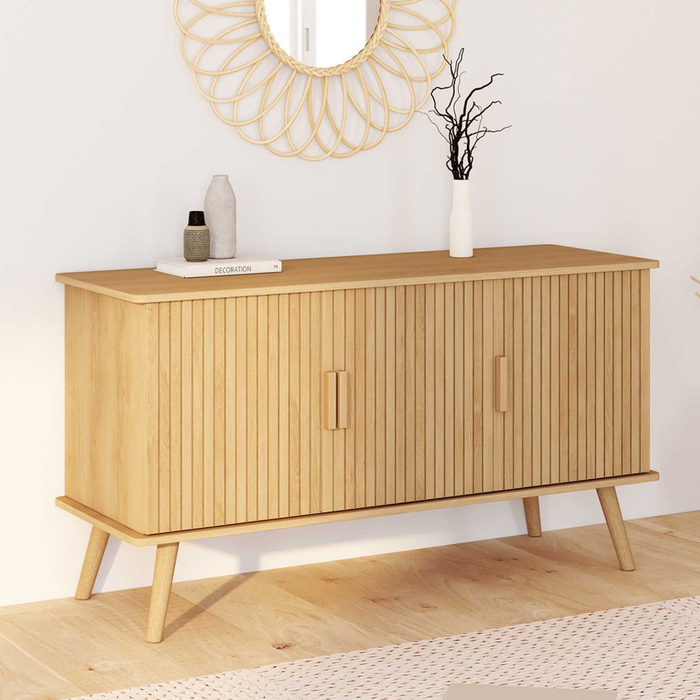 Günstiges Sideboard aus Holz mit 3 Türen 110 cm Latteneffekt - JULIETTE | ID Market