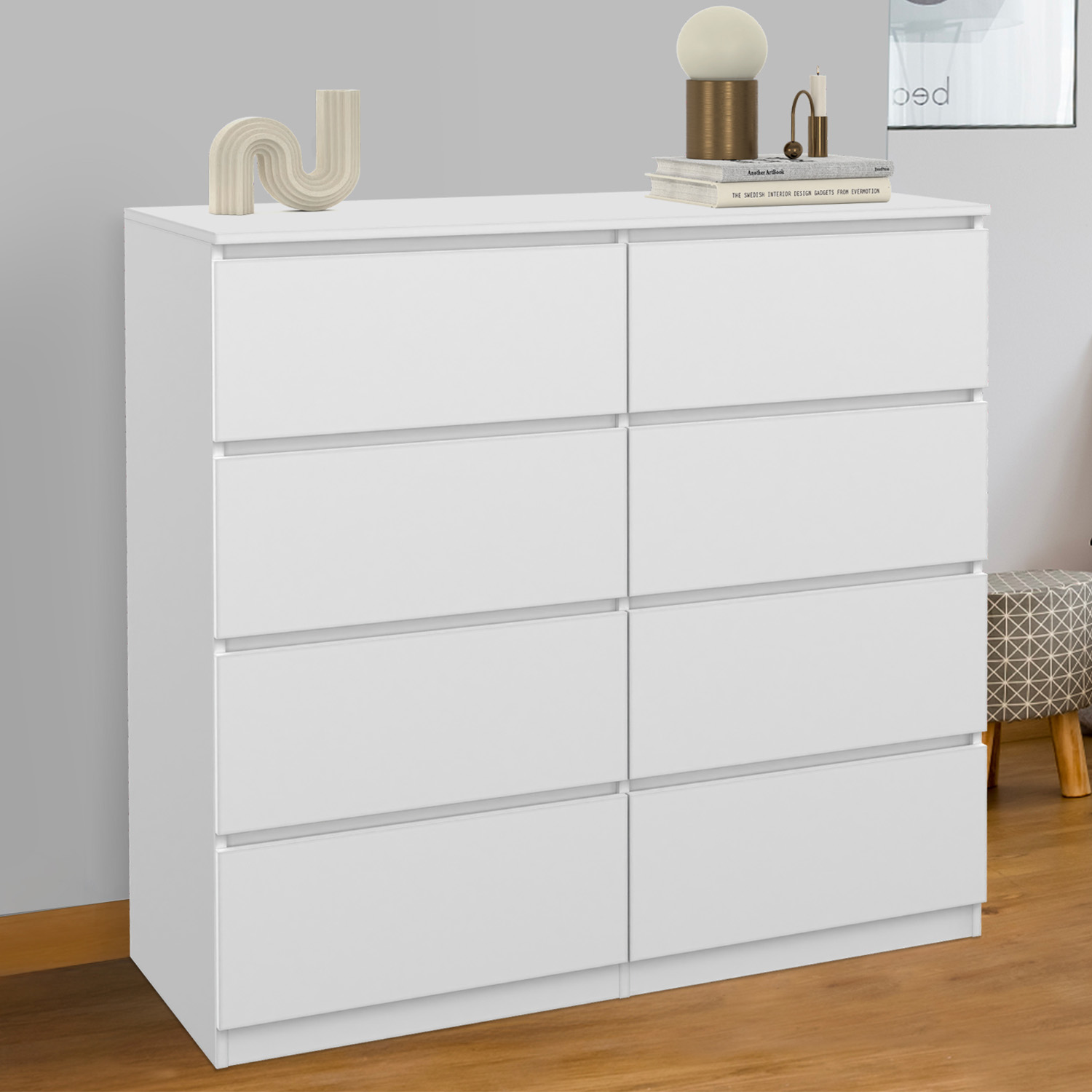 Commode 8 tiroirs bois blanc 110 cm maxi rangement - TOMI | ID Market