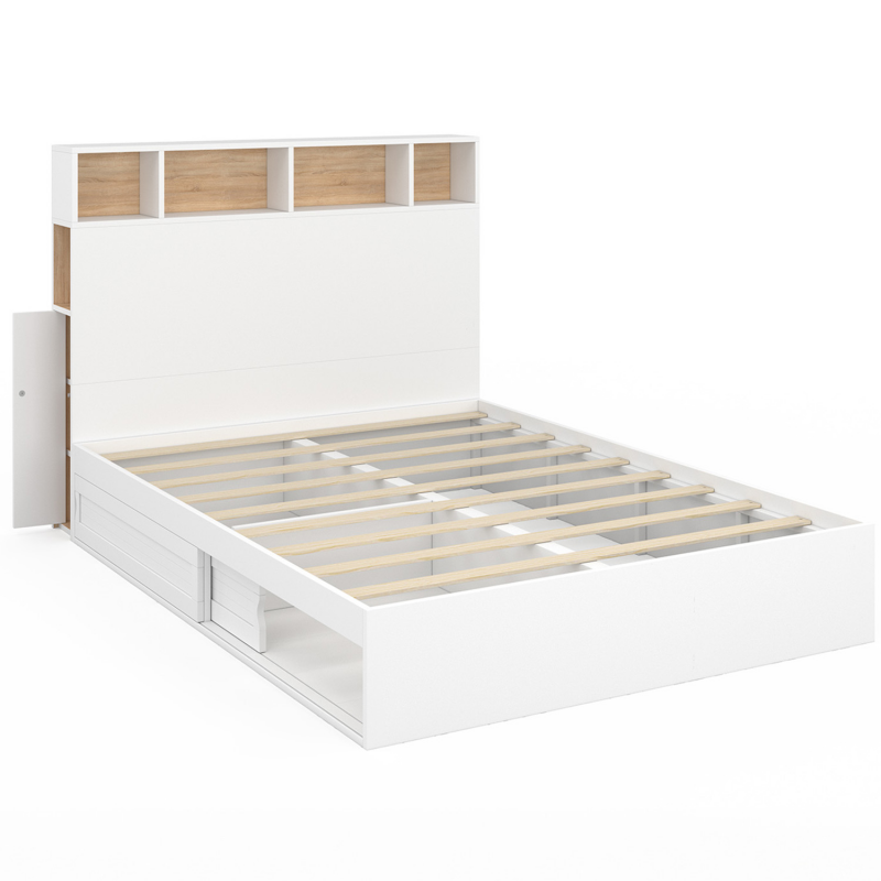 Lit double avec rangements, tête de lit et sommier blanc 140x190 - CLEM | ID Market