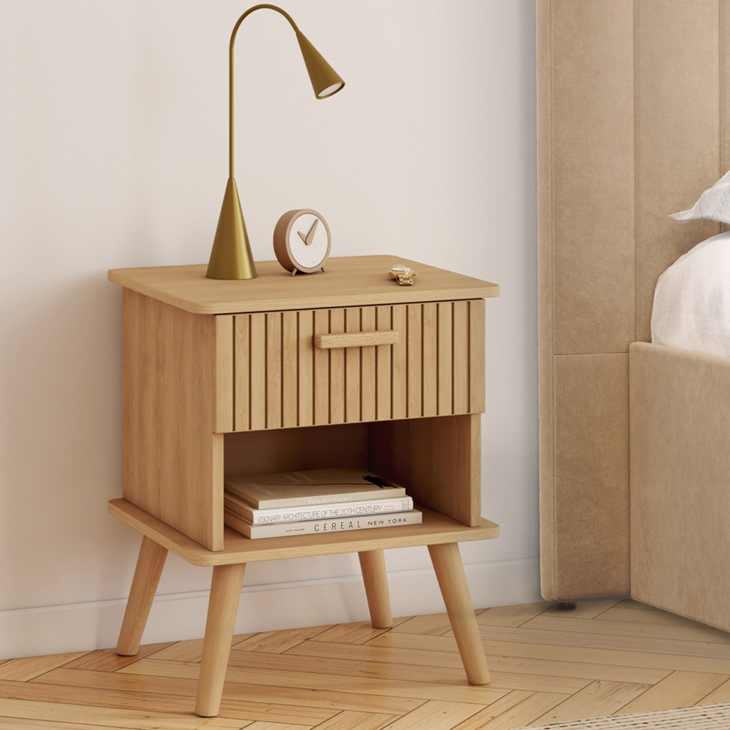 Lot de 2 tables de chevet avec 1 tiroir et niche effet lattes ...