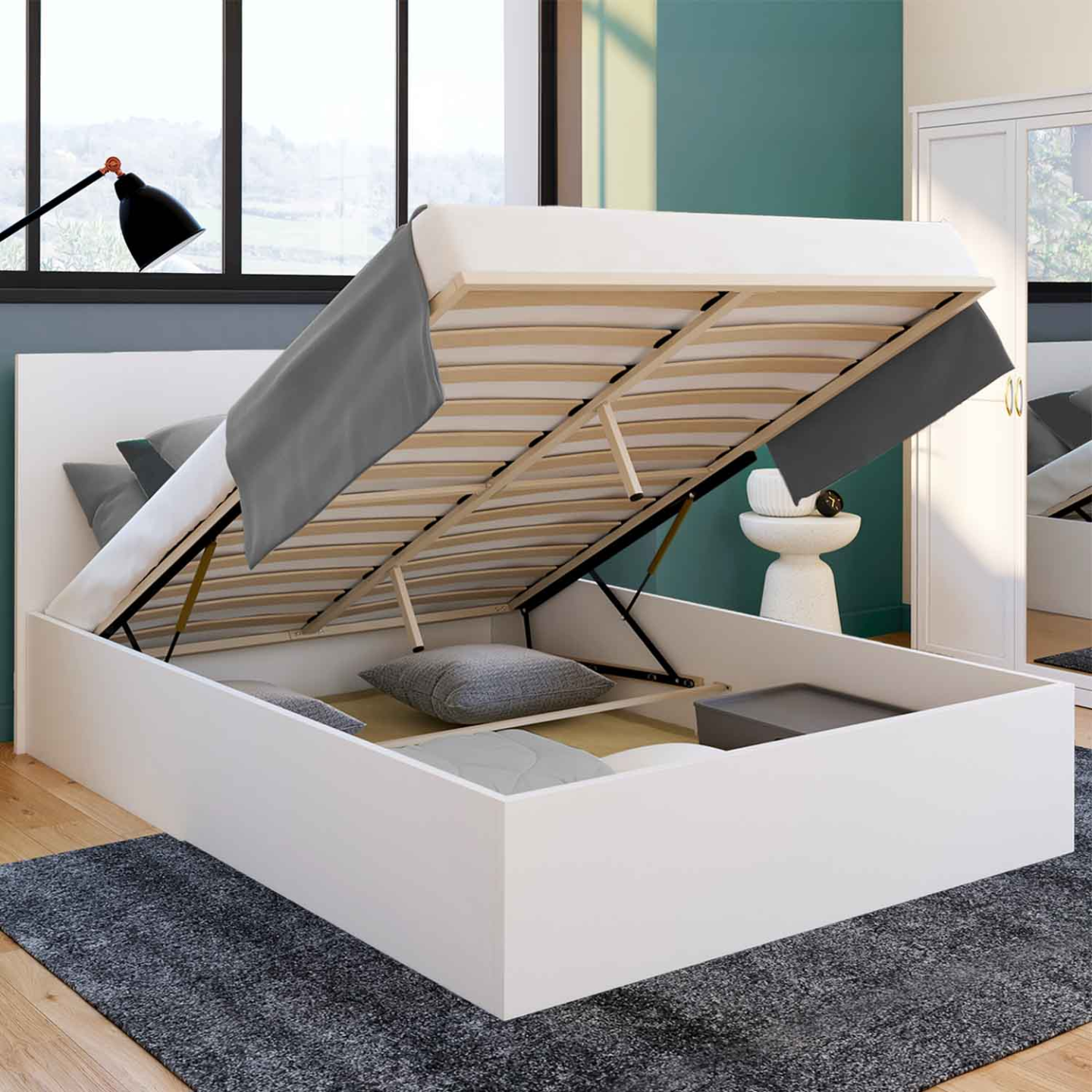 Lit coffre double 160 x 200 cm blanc, tête de lit et sommier - SEASIDE ...