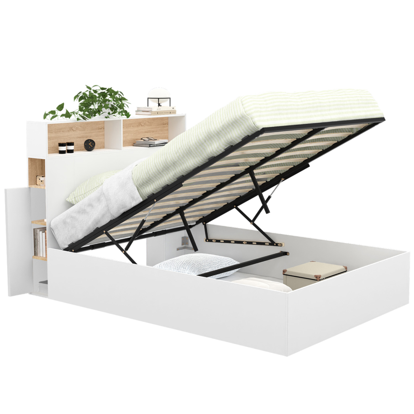 Lit coffre double avec tête de lit, rangements et sommier imitation ...