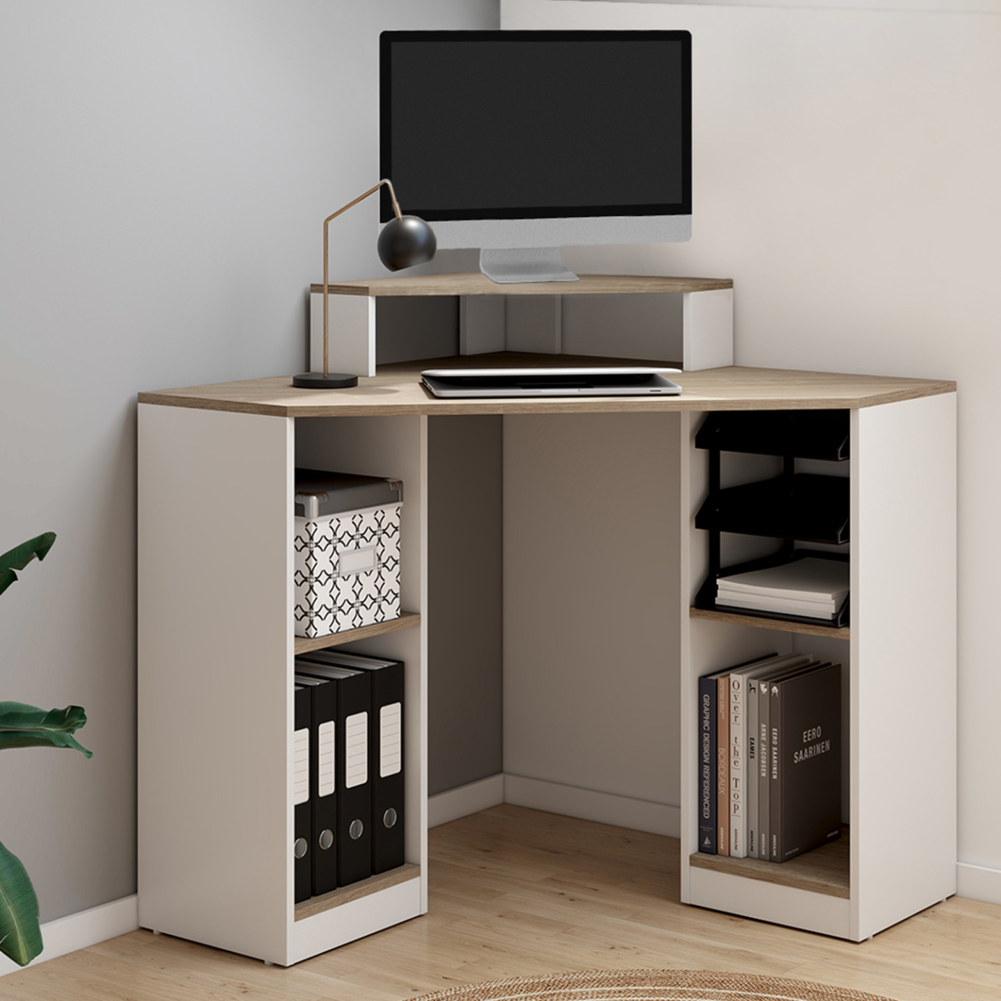 Bureau d'angle avec rangements gain de place blanc et façon hêtre ...