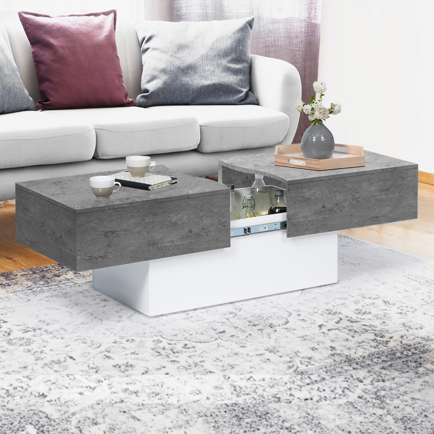 Witte houtschuifbare salontafel met blad in betoneffect - MARTA | ID Market