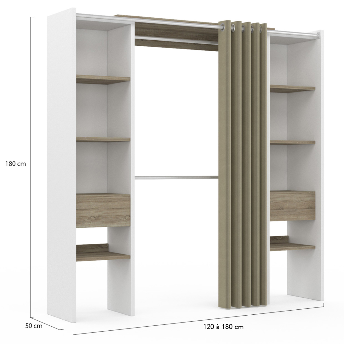 Dressing extensible double blanc et bois avec rideau taupe - MERYL | ID ...