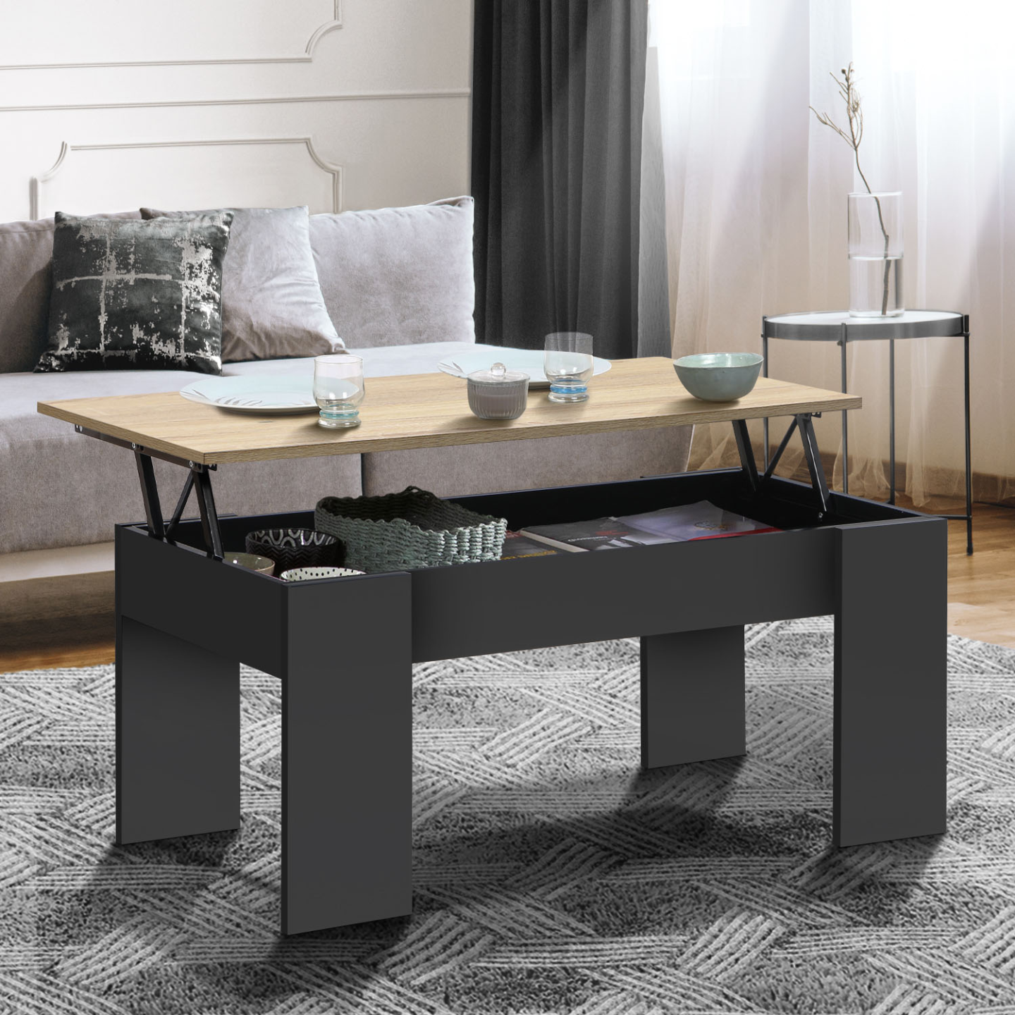 Table basse rectangulaire plateau relevable bois noir et imitation ...