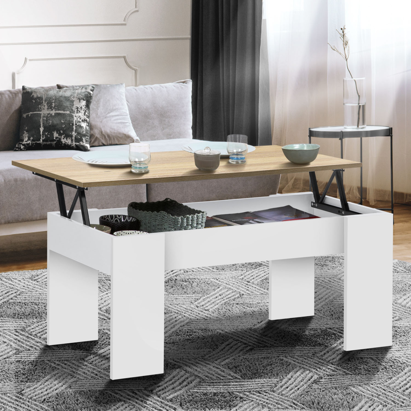 Table basse rectangulaire plateau relevable bois blanc et imitation ...