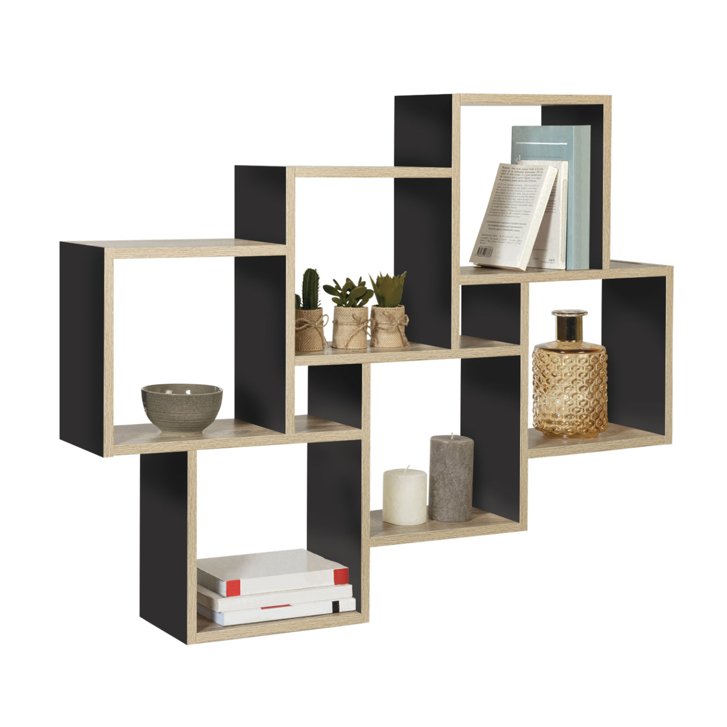 Wandregal aus Holz in Buchenoptik und Schwarz mit zwei Positionen ...