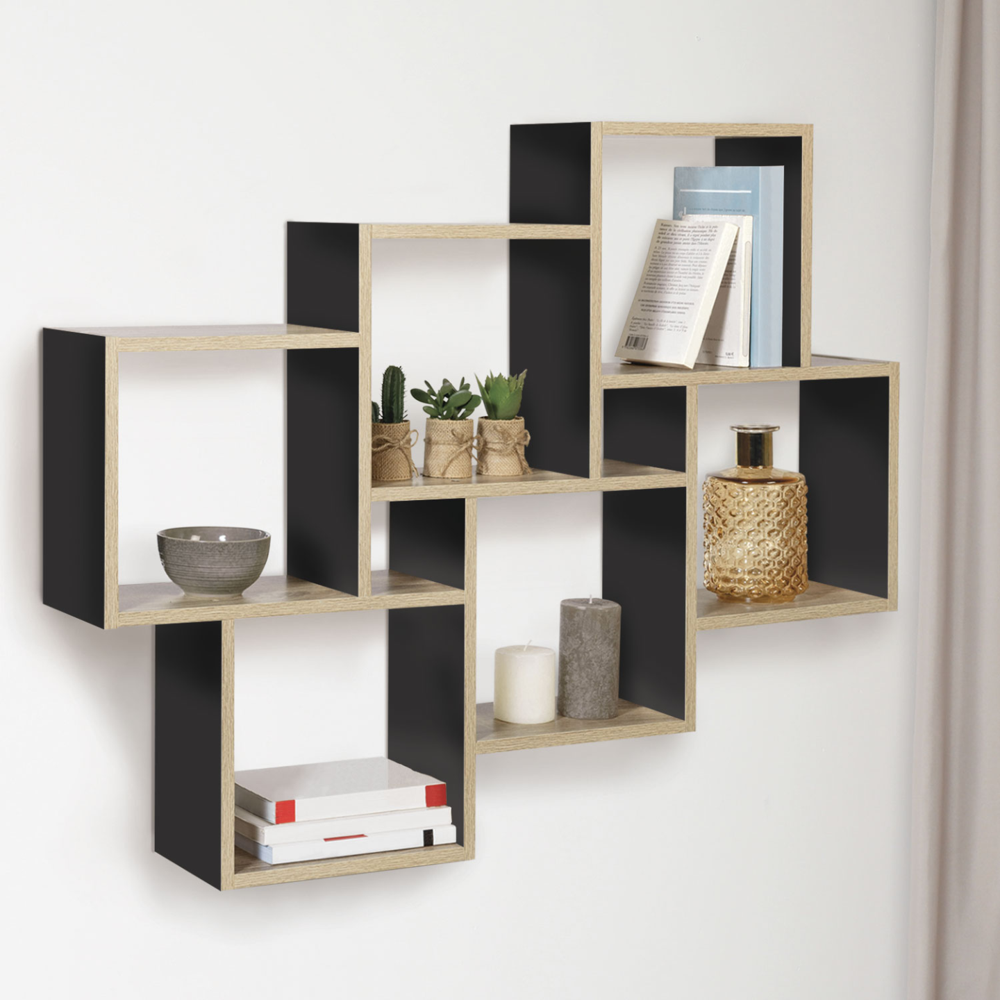 Étagère murale bois façon hêtre et noir double position - LUCAS | ID Market