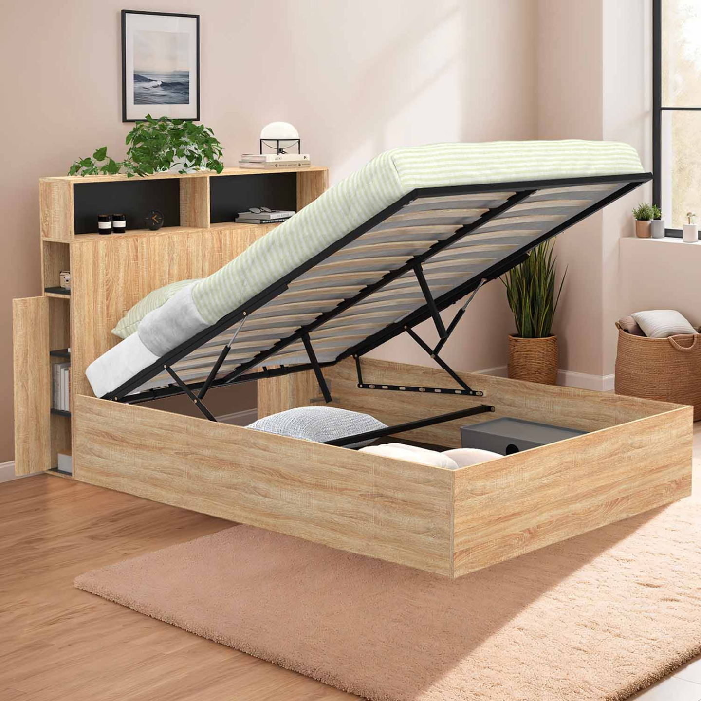 Lit coffre double 140x190 façon hêtre et noir avec tête de lit - CLYDE ...