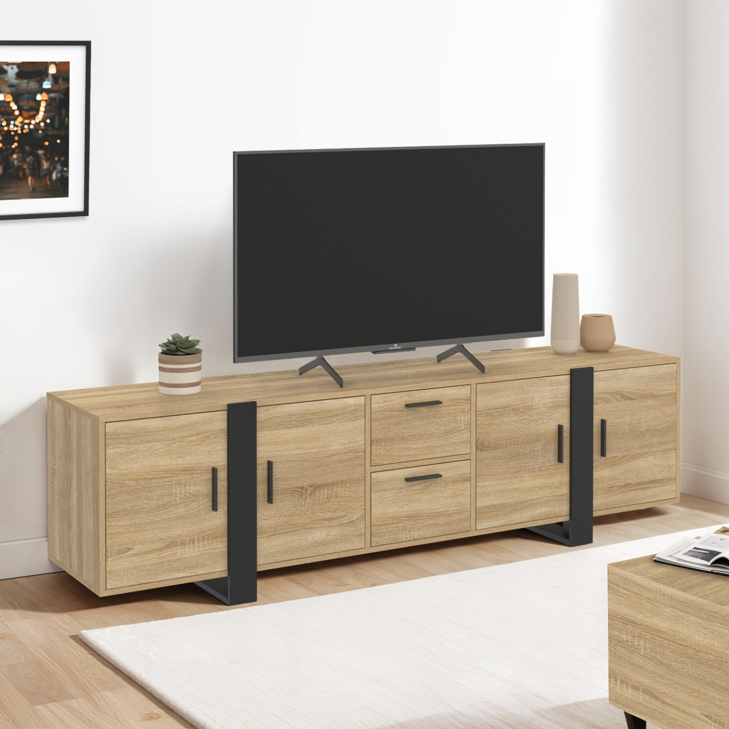 Meuble TV de 180 cm moderne avec 4 portes et 2 tiroirs bois et noir ...