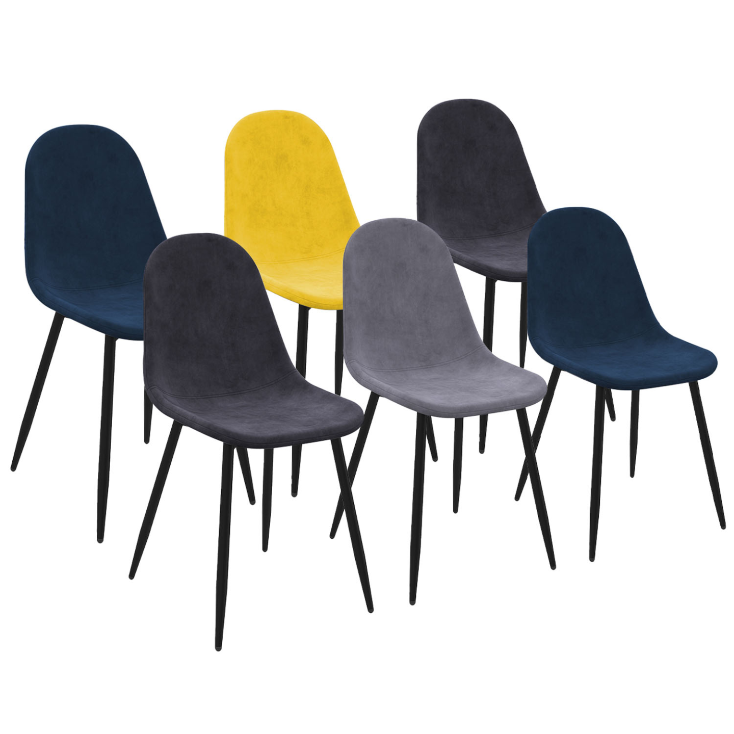 Chaises en velours mix color bleu, jaune, gris clair et gris foncé ...