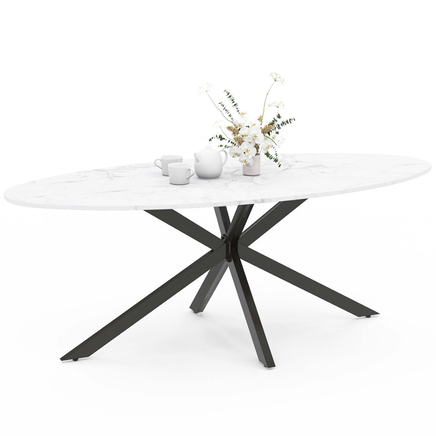 Mesa de comedor ovalada para 10 personas con tapa de metal negro y efecto mármol blanco - ALIX ...