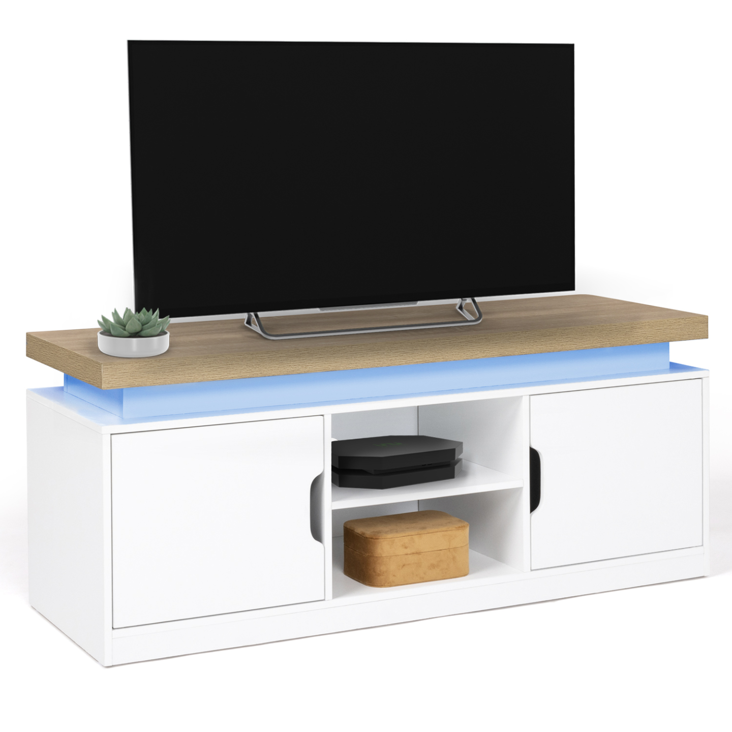 Meuble TV 110 cm blanc et plateau effet bois LEDS et 2 portes - LUNA ...