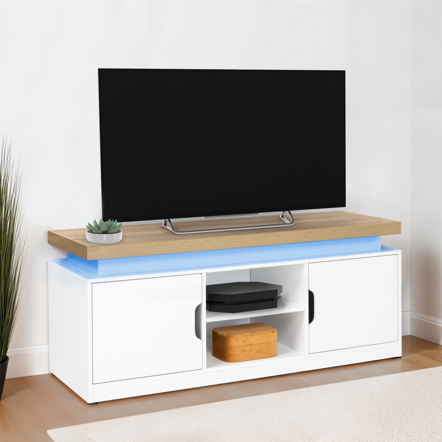 Mueble TV 110 cm blanco con tapa LED efecto madera y 2 puertas - LUNA ...