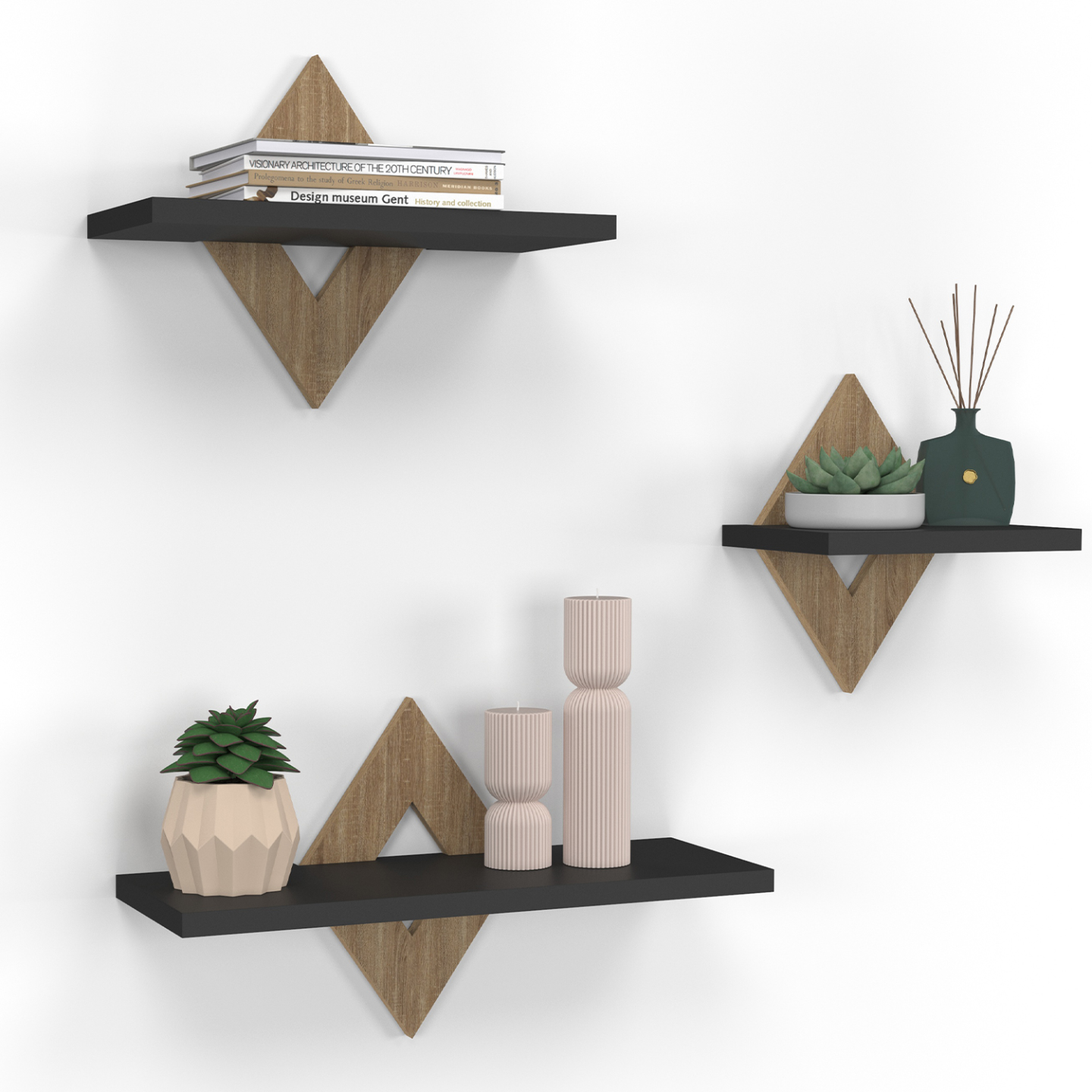 Set van 3 beuken en zwarte wandplanken | ID Market