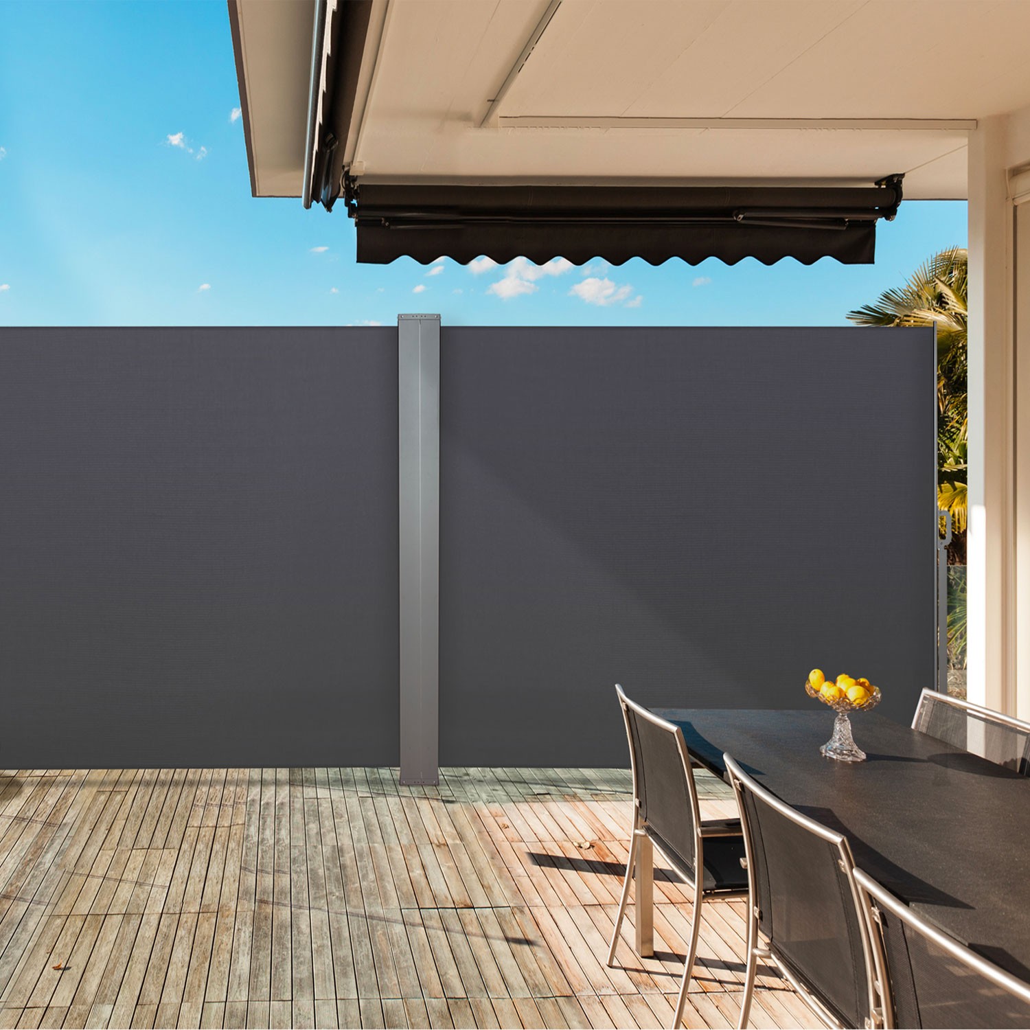 Paravent extérieur rétractable double 600x140 cm gris store vertica...