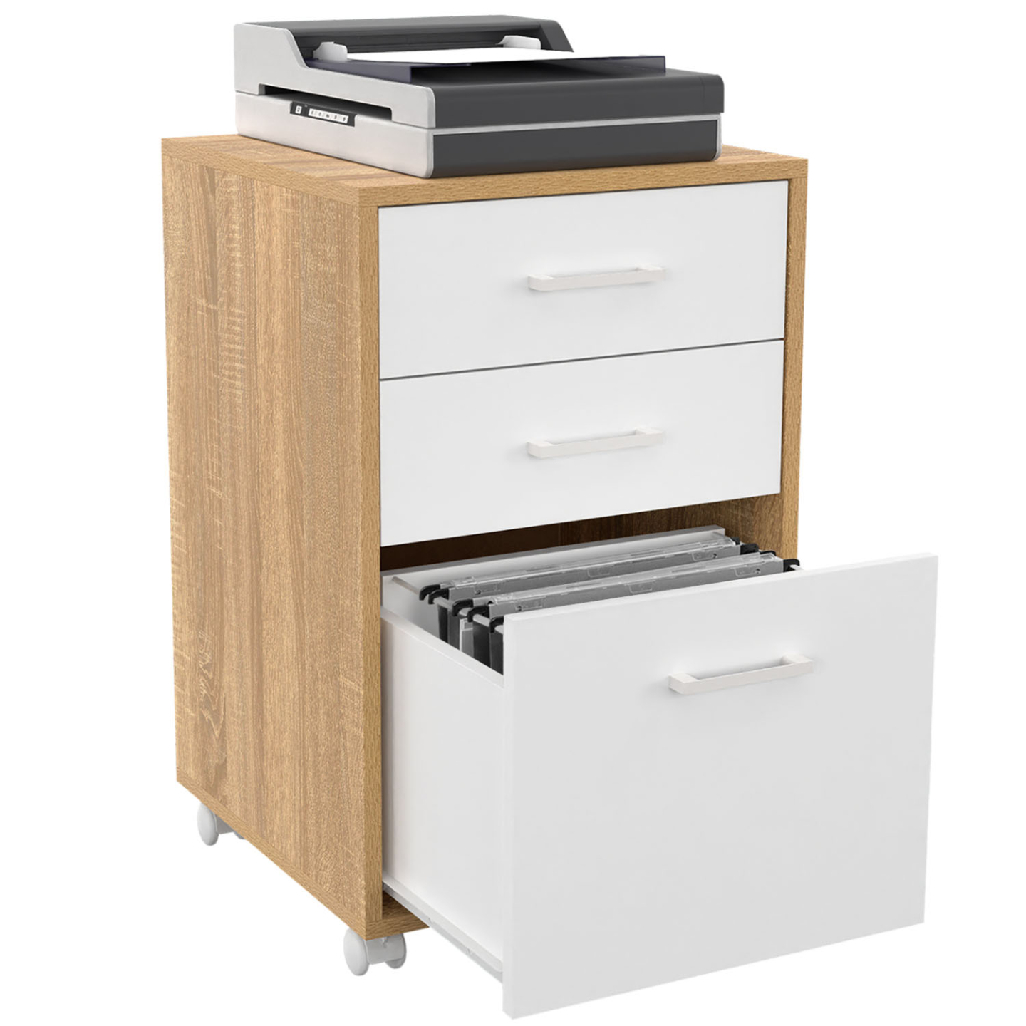 Caisson de bureau avec 3 tiroirs support imprimante bois et blanc - JON ...