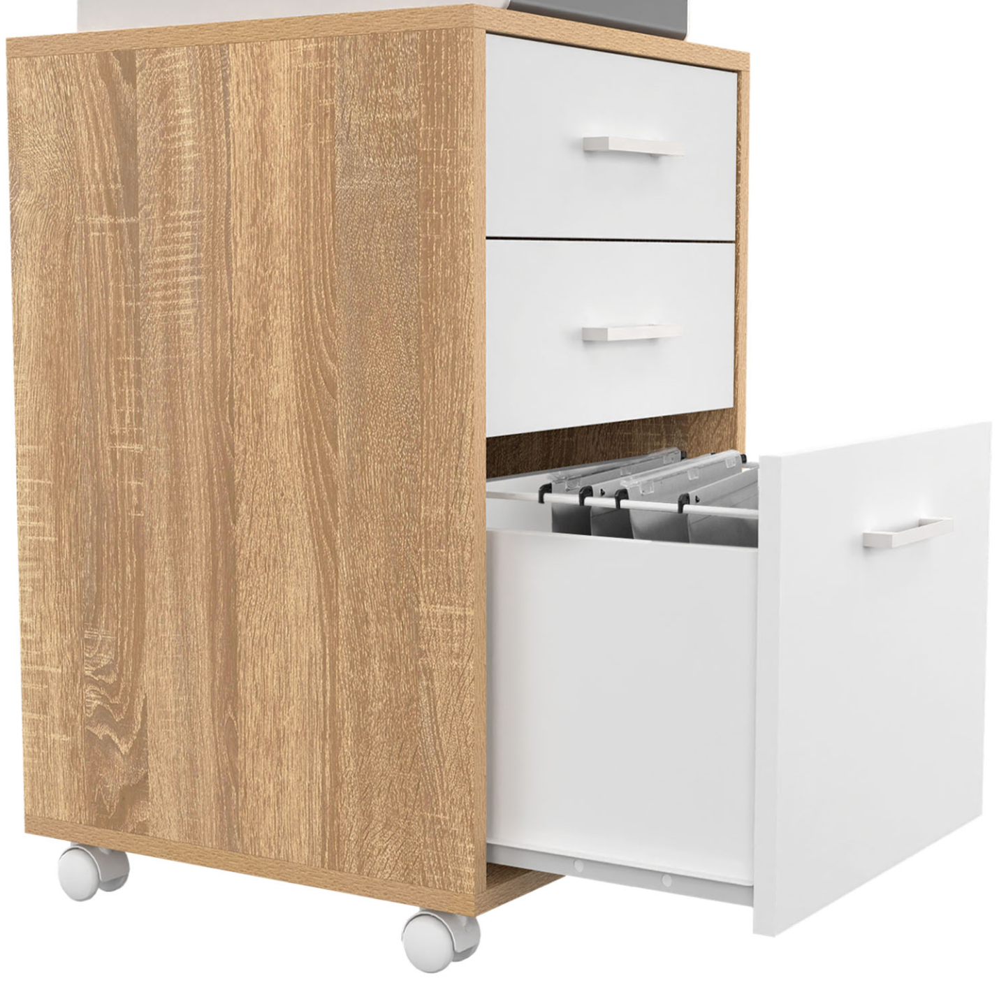 Caisson de bureau avec 3 tiroirs support imprimante bois et blanc - JON ...