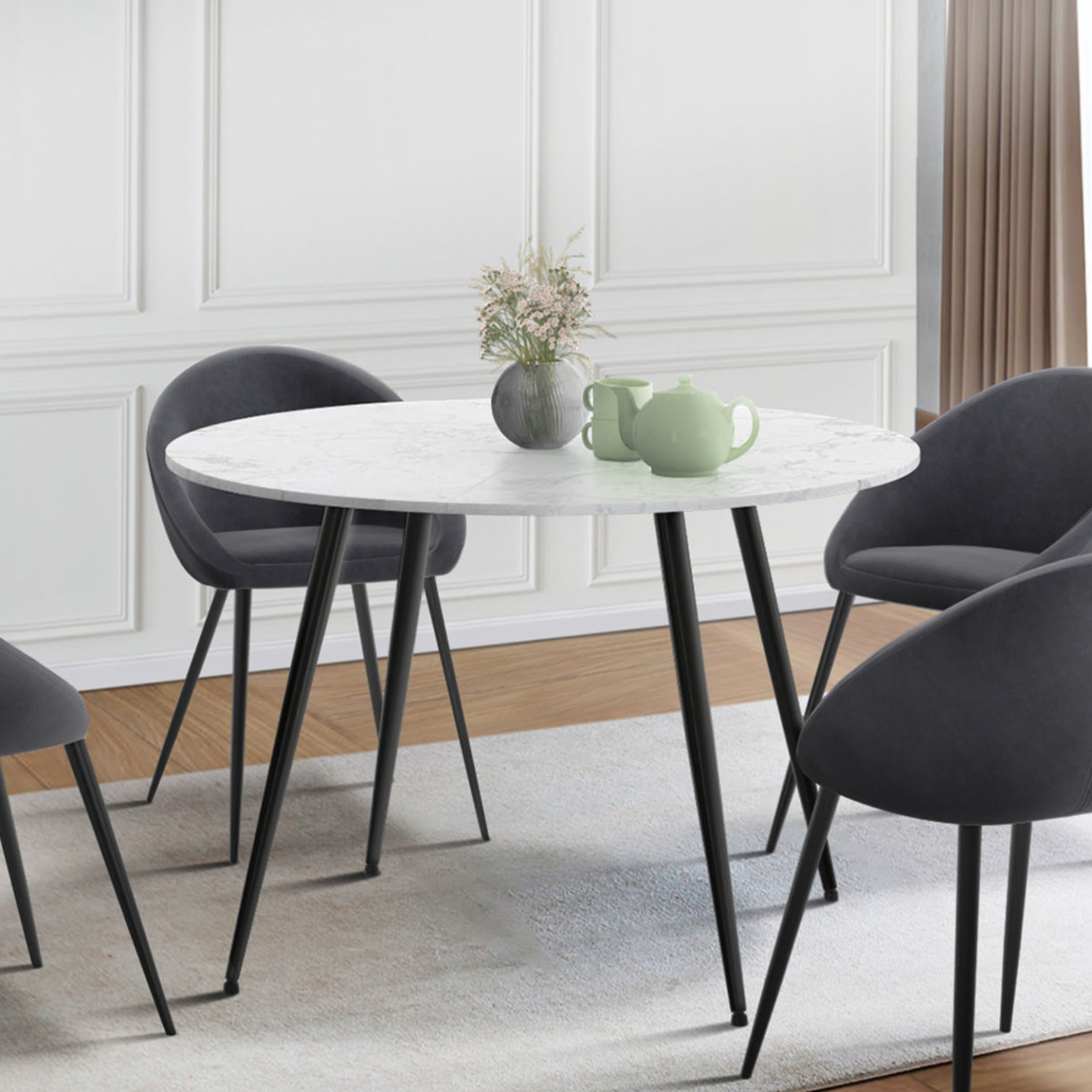 Table à manger ronde 4-6 personnes effet marbre blanc 110cm - AMELIA ...