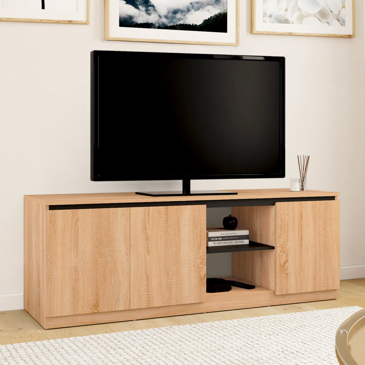 TV-meubel 140 cm beukenhout en zwart 3 deuren - TOMI | ID Market