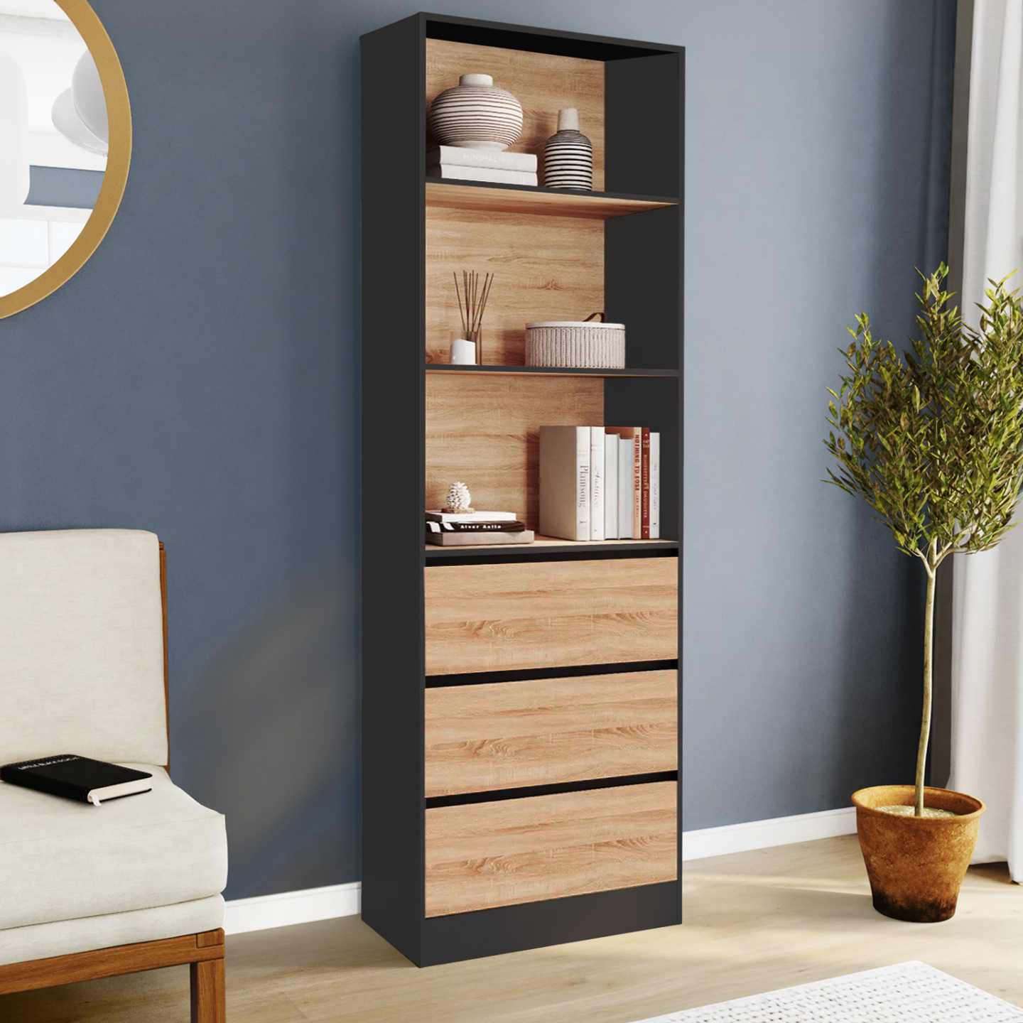 H.190cm Scaffale libreria 3 livelli 3 cassetti effetto legno e nero ...