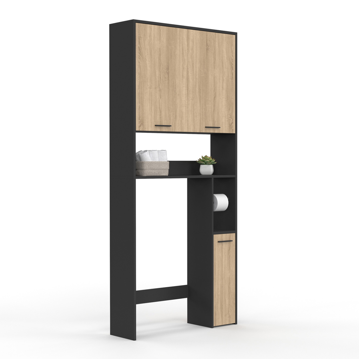 Meuble étagère dessus WC noir et bois façon hêtre - WALLIS | ID Market