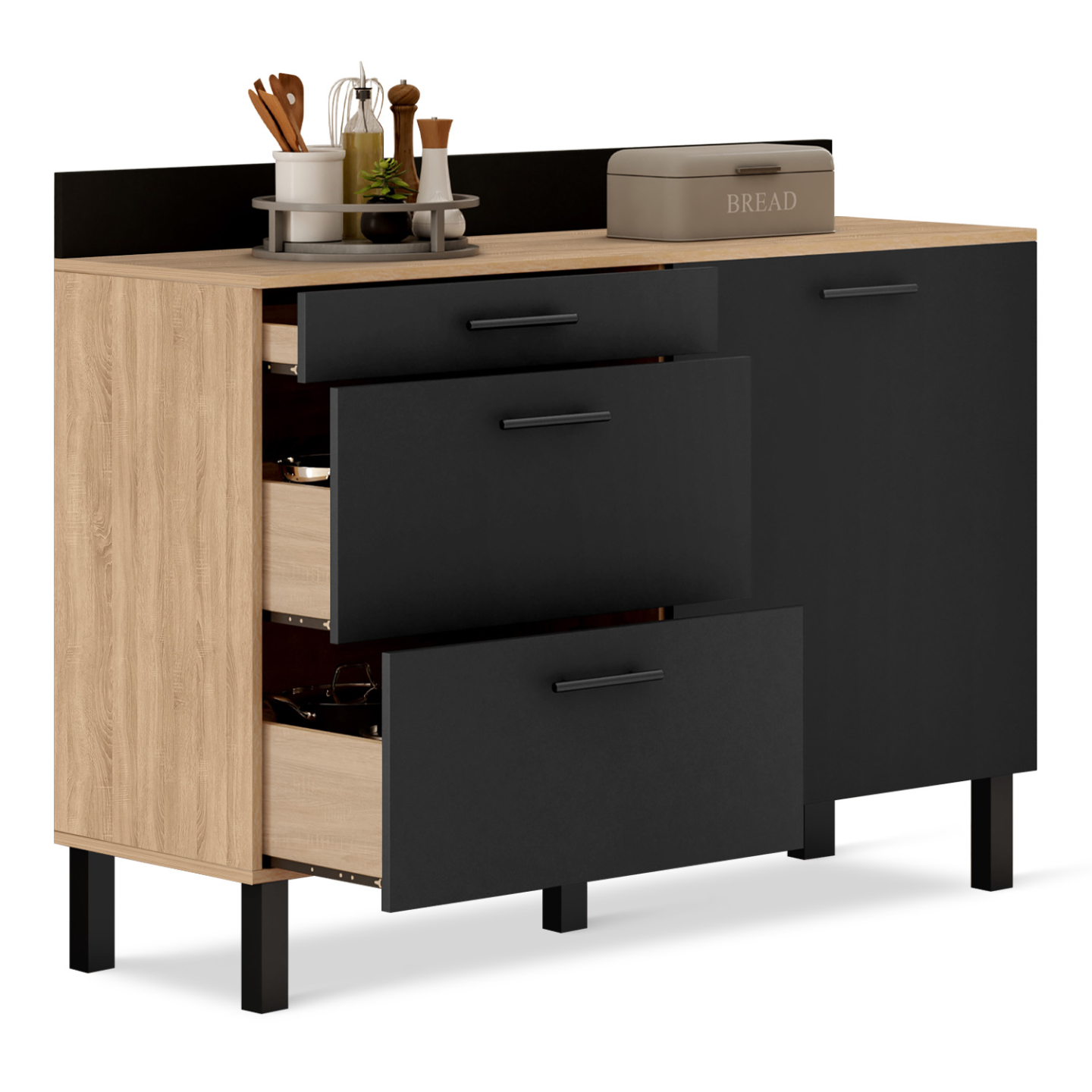 Buffet de cuisine casserolier de 120 cm 1 placard et 3 tiroirs façon ...