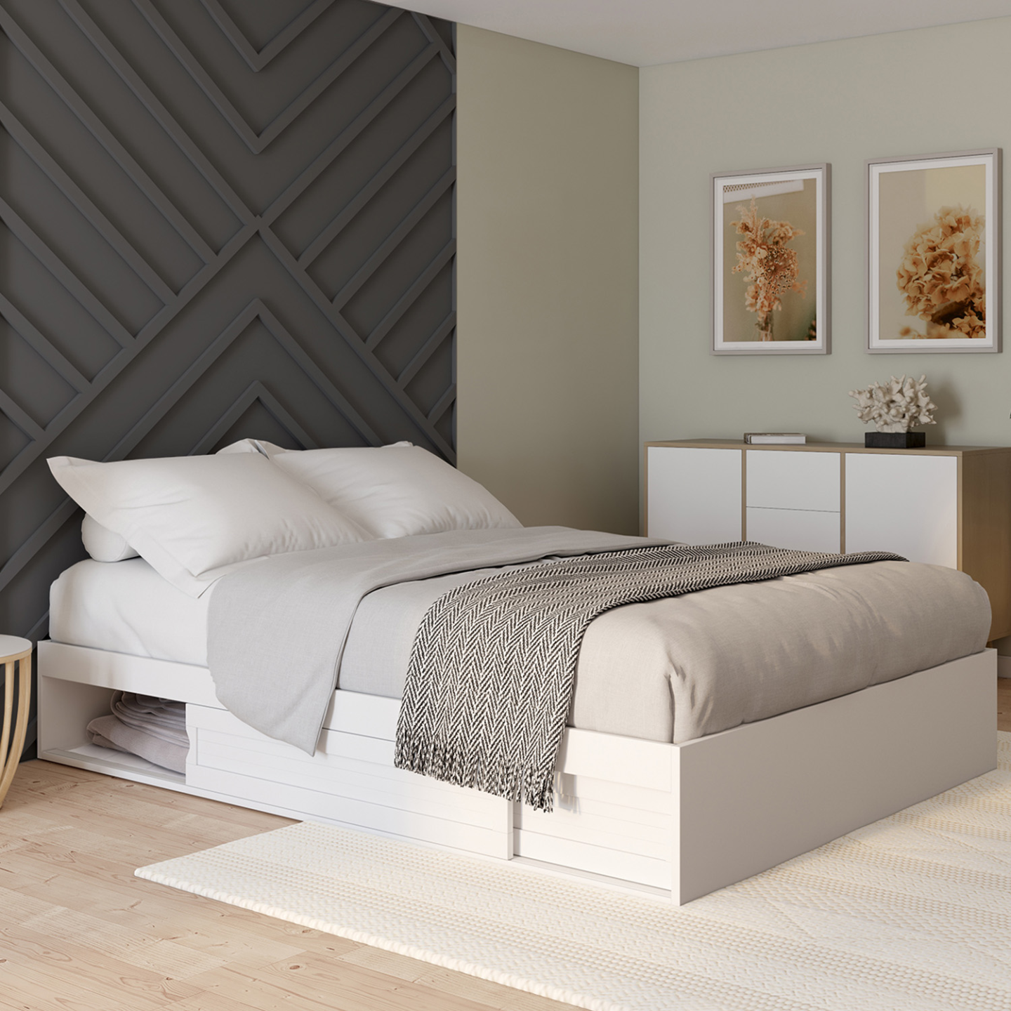 Cadre de lit 140x190 cm avec sommier et rangements blanc - SALEM | ID ...