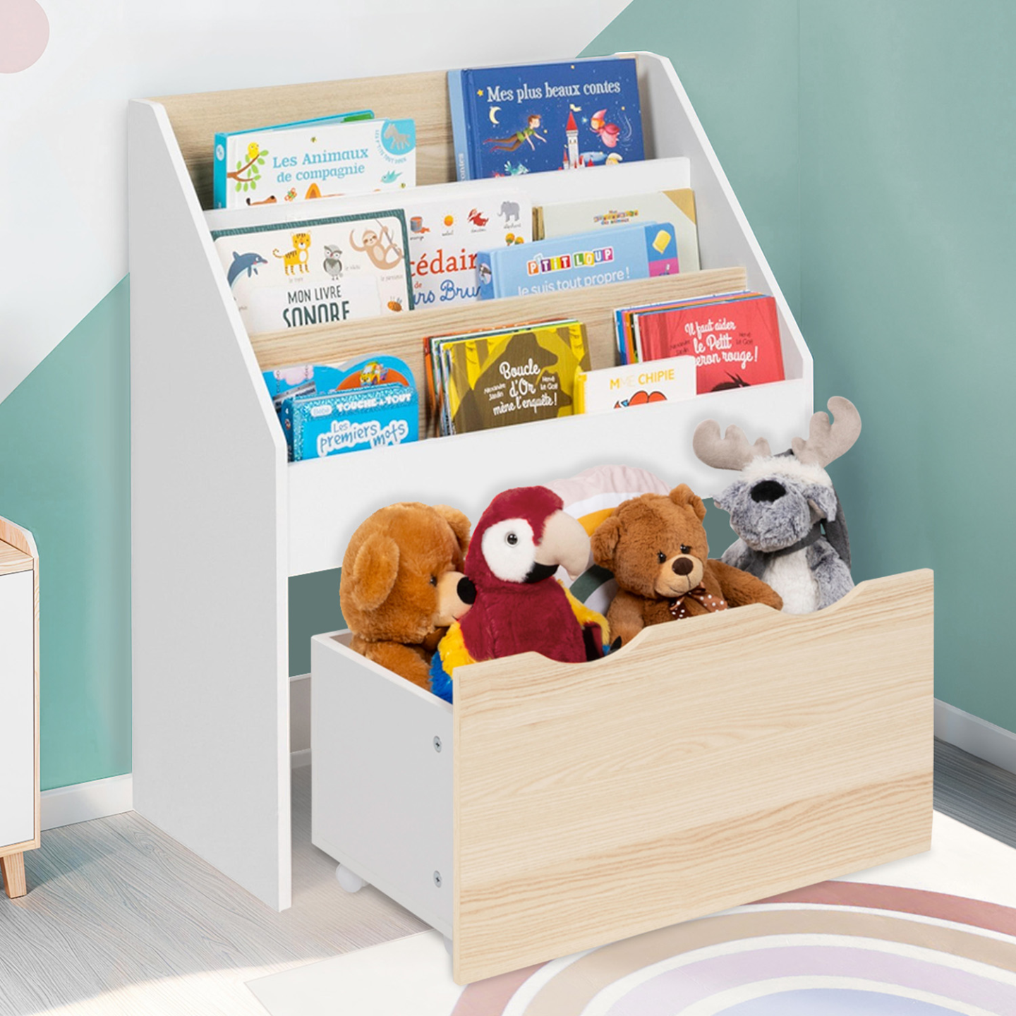 Kinderboekenkast met 3 planken en 1 bak, wit en beuken - MANA | ID Market