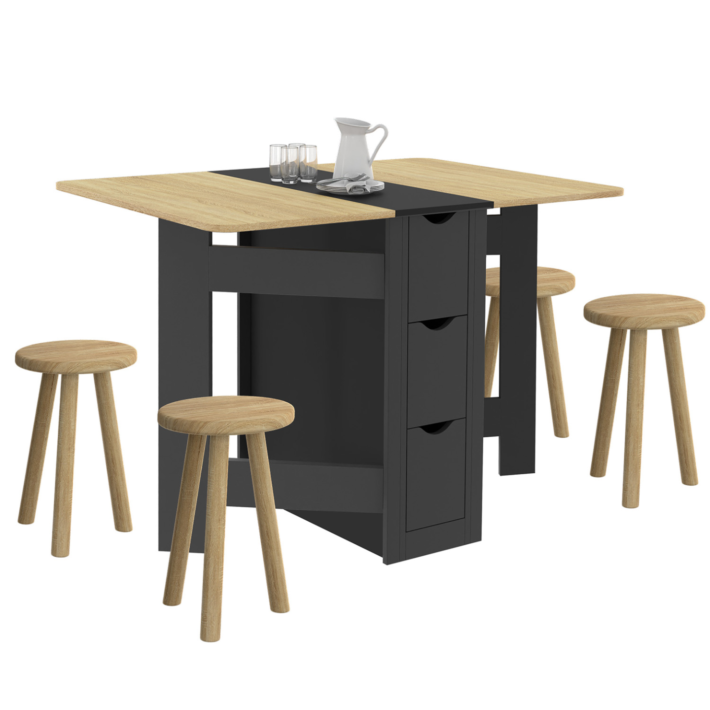 Table console pliable 2-4 personnes bois et noir avec 3 tiroirs - EDI ...
