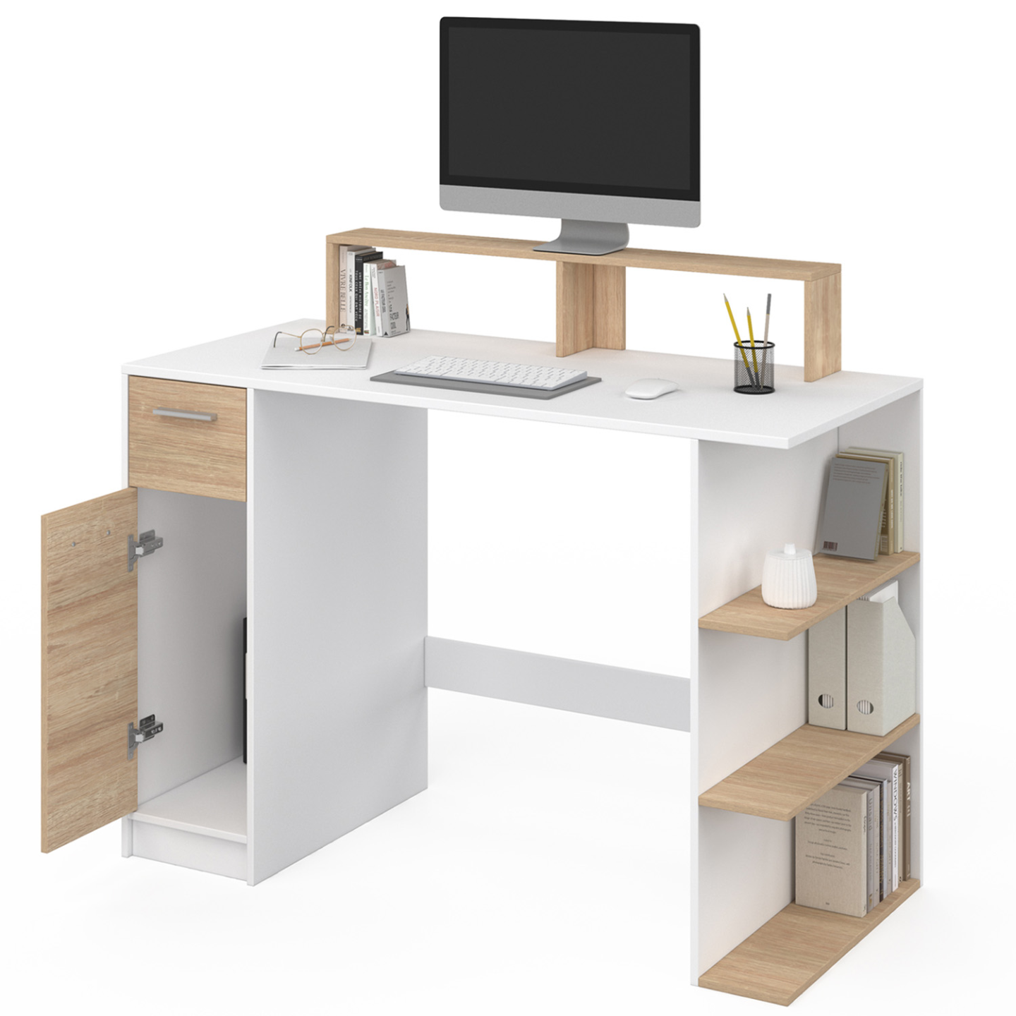 Bureau avec rangement et support d'ordinateur blanc et bois - MAY | ID ...