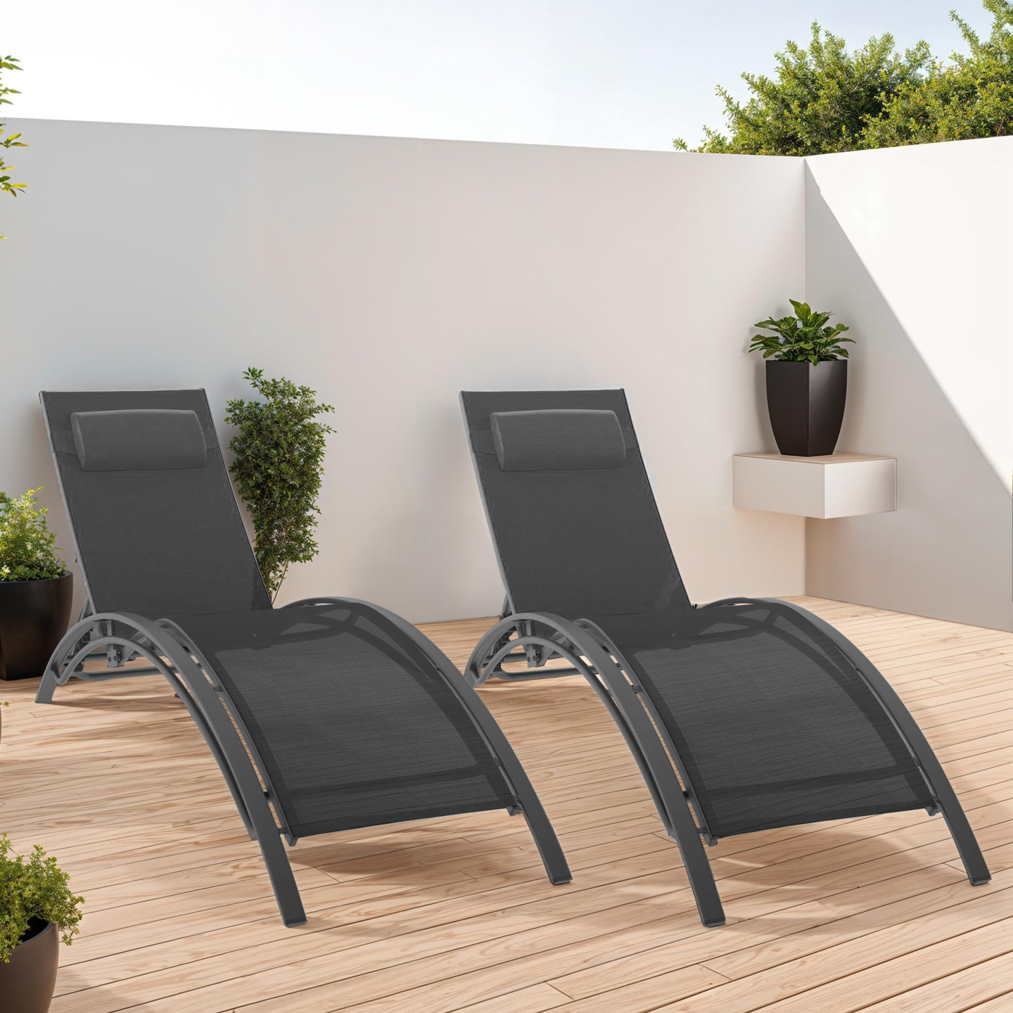 Transats de jardin inclinables en acier avec coussin en toile gris ...