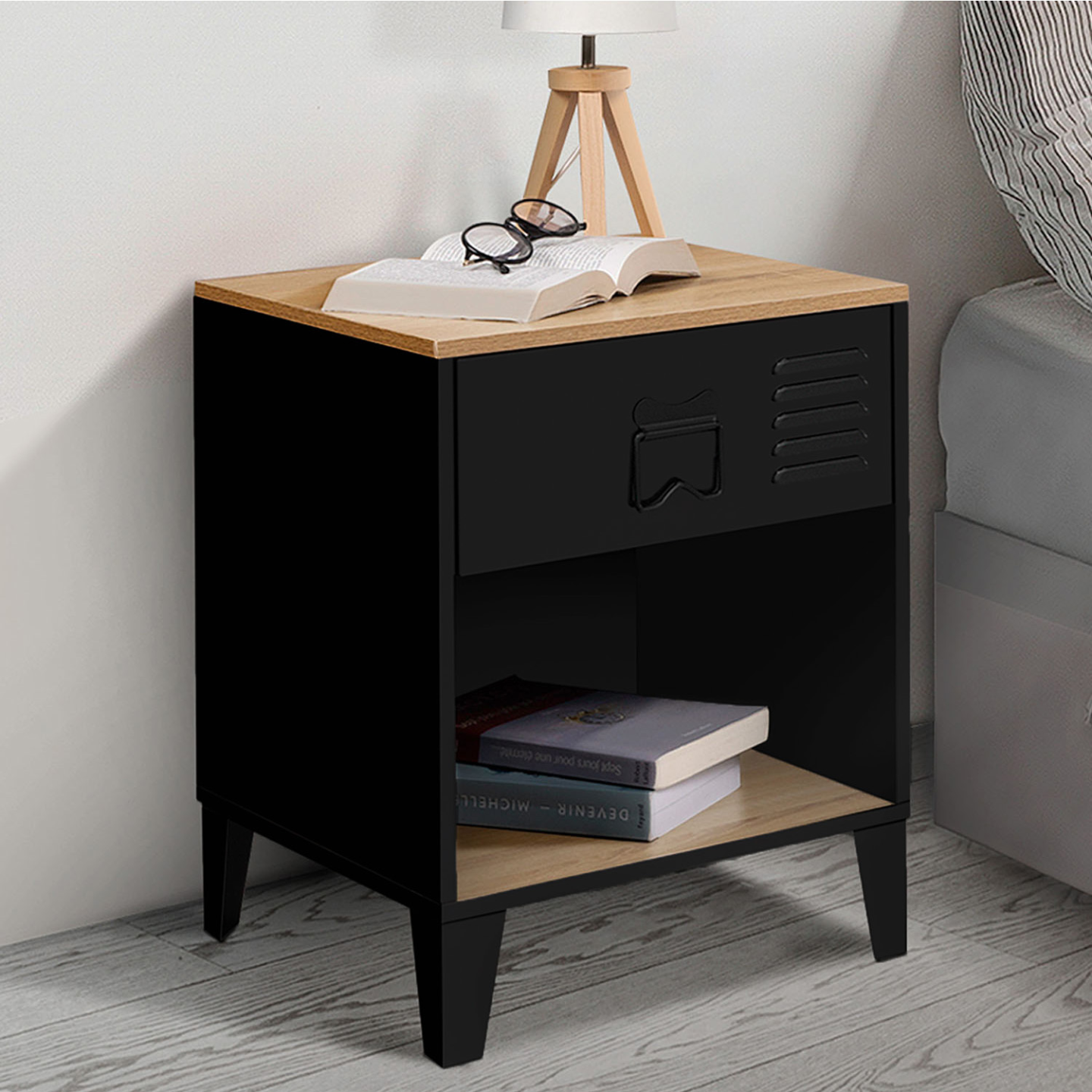 Lot de 2 tables de chevet industrielles bois et métal noir façon hêtre ...