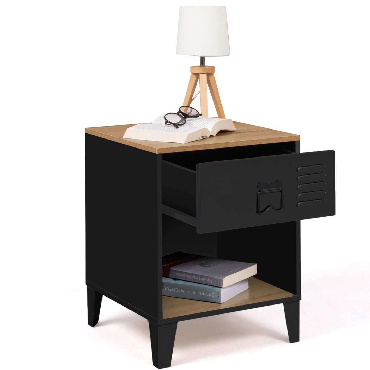 Lot de 2 tables de chevet industrielles bois et métal noir façon hêtre ...