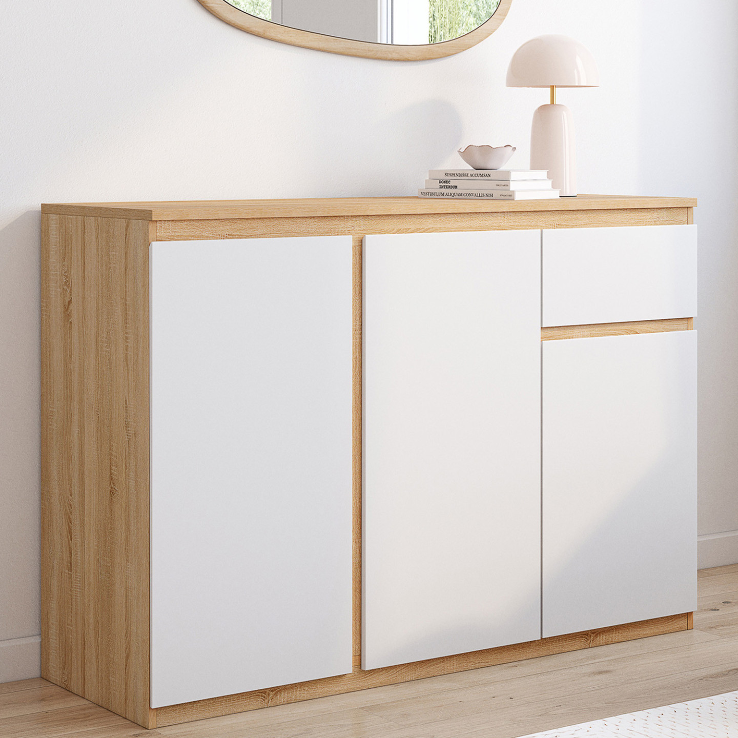 Buffet 100 cm blanc et bois 3 portes 1 tiroir - TOMI | ID Market