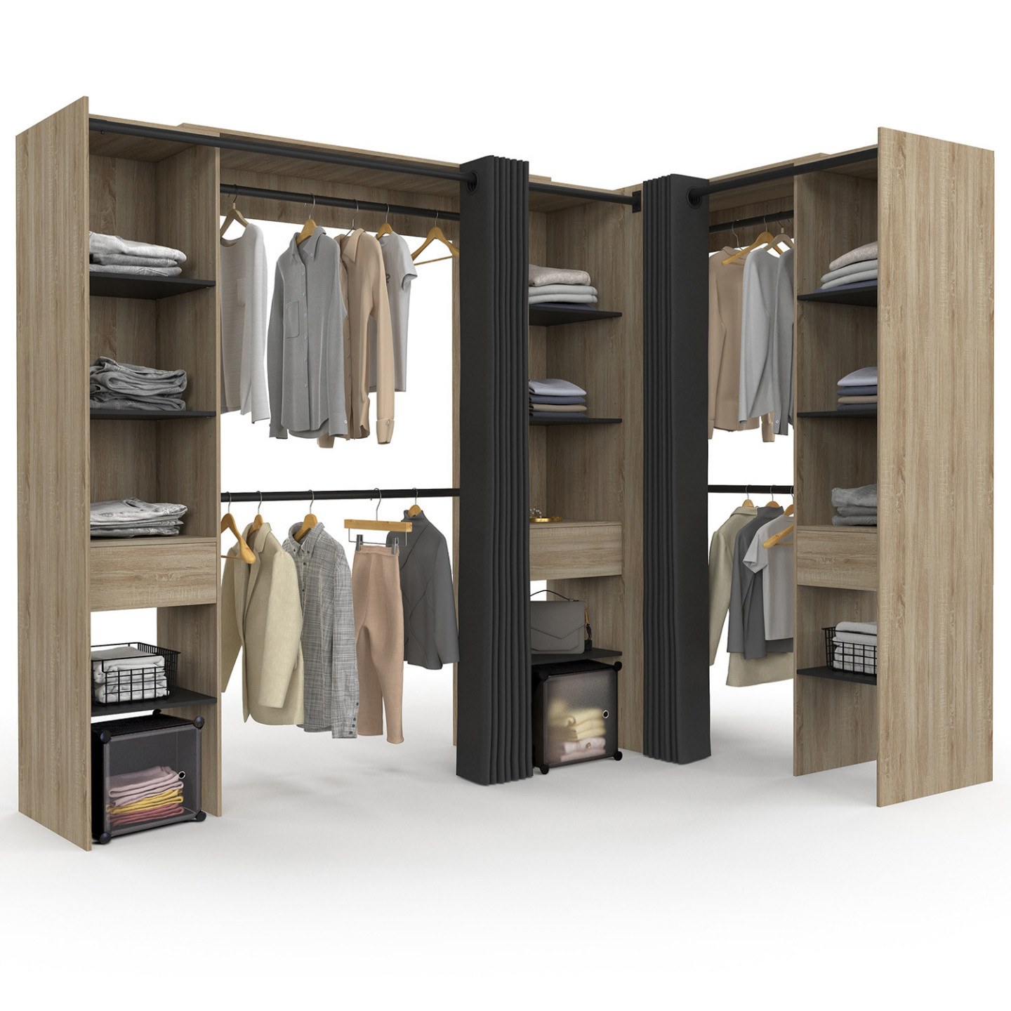 Dressing d'angle extensible bois effet hêtre avec penderies, étagères ...