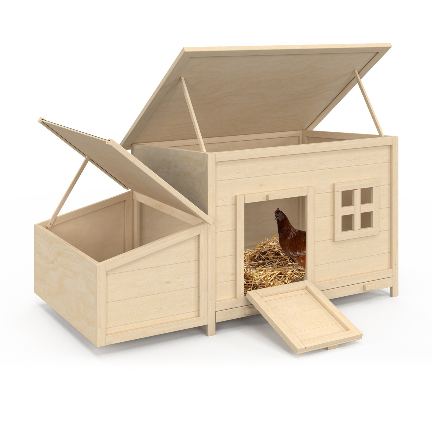 6-hoen kippenhok met houten nestkast, plat dak en palen