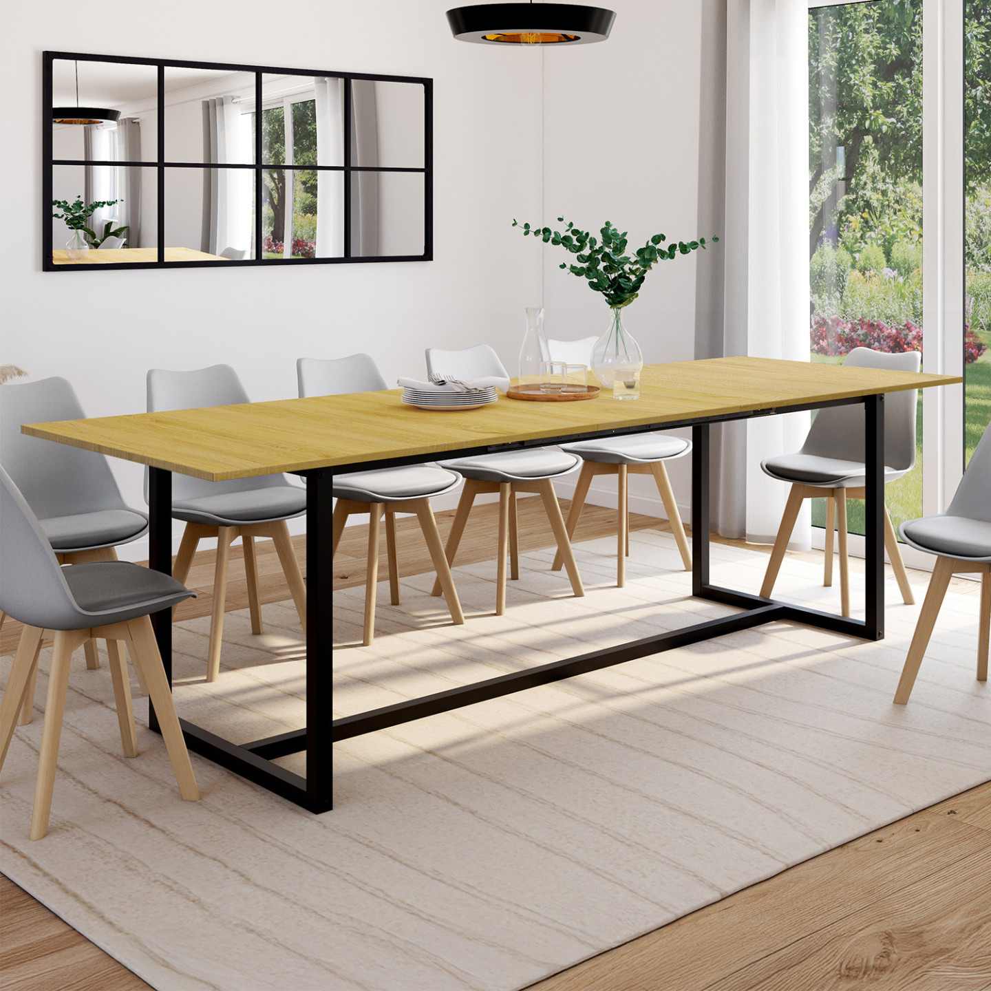 Mesa de comedor industrial extensible de madera y metal 200-250cm ...