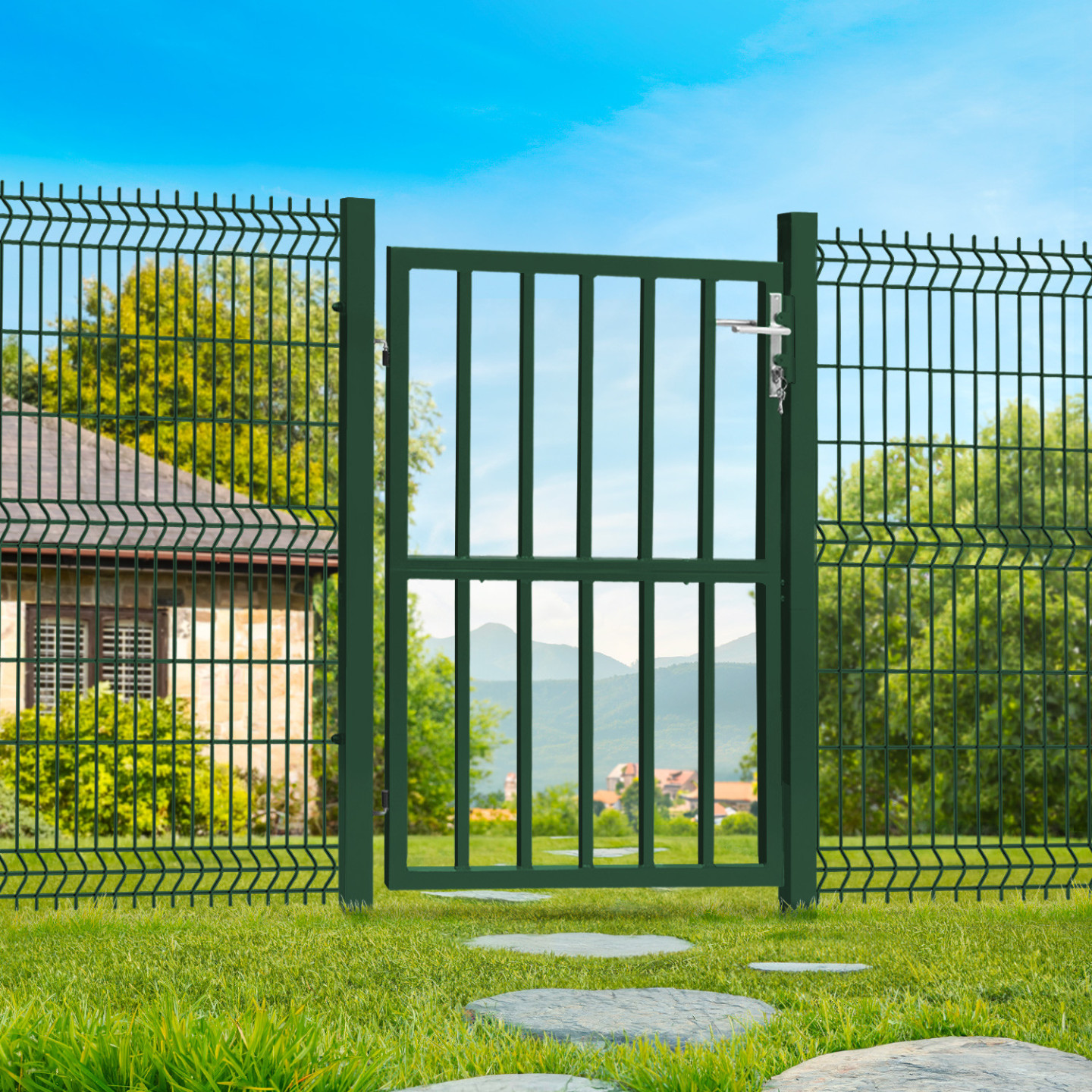 Portillon de jardin barreaudé en acier vert avec serrure et poignée de ...