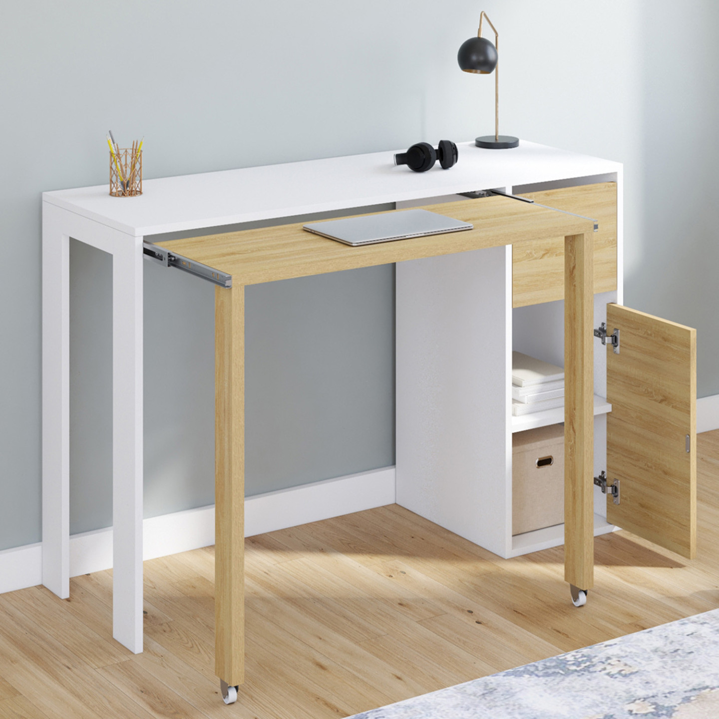 Uitschuifbaar bureau in wit en hout met opbergkolom, lade en kast - RON ...