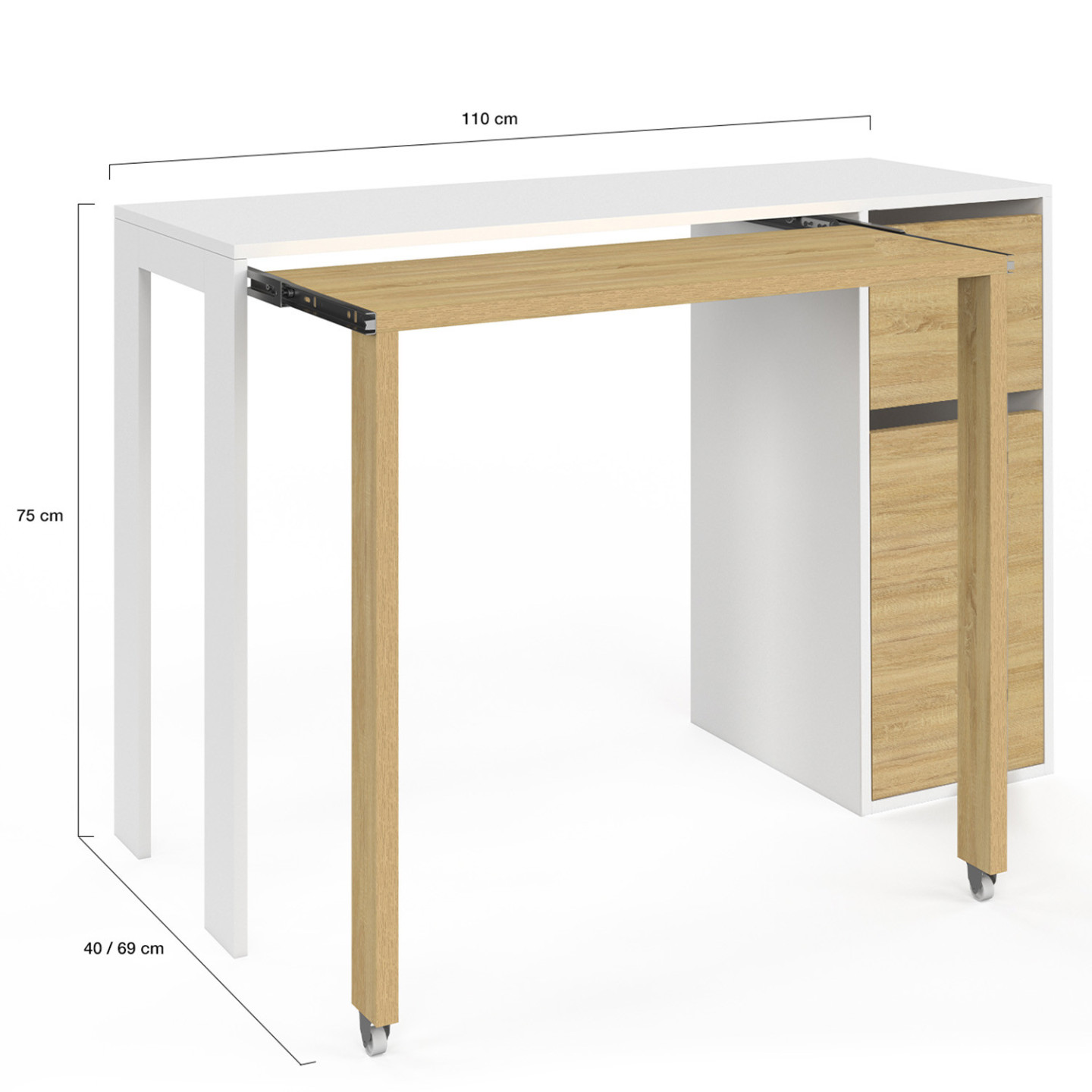 Bureau extensible blanc et bois avec colonne de rangement, tiroir et ...